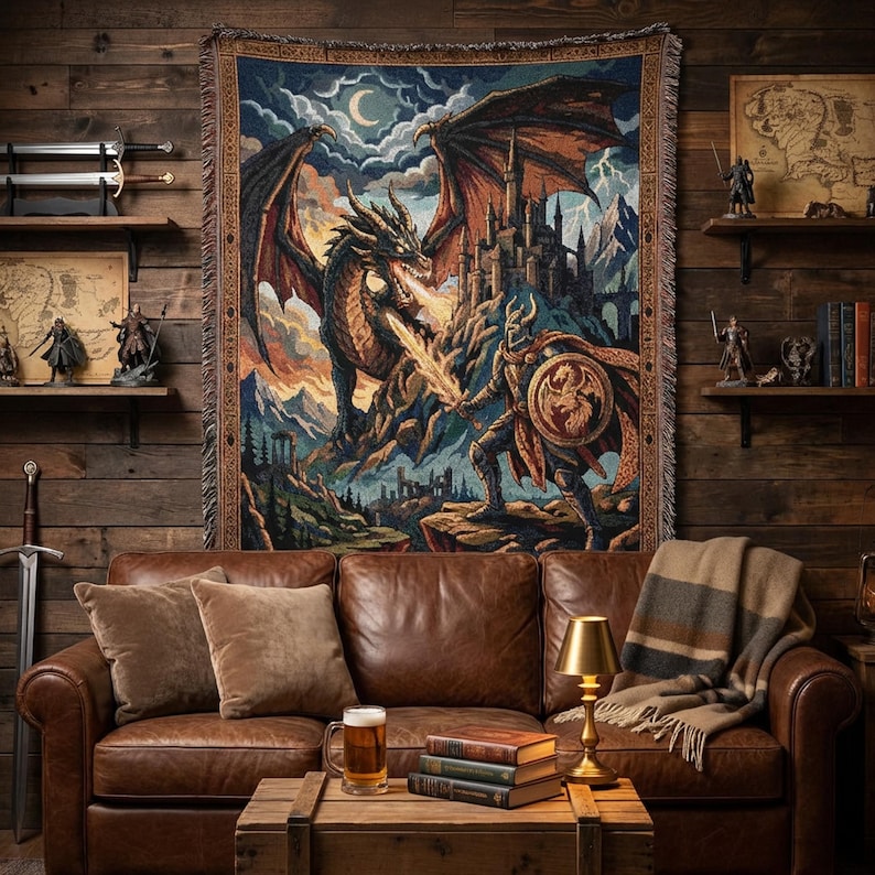 Dark Fantasy Dragon Knight Woven Blanket: Medieval Castle Tapestry ...
