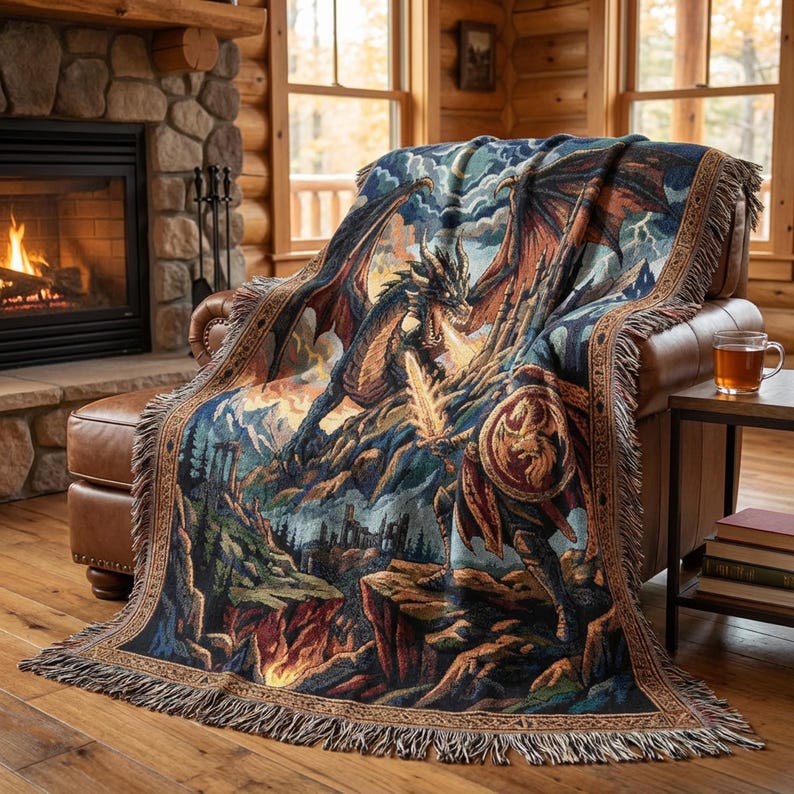 Dark Fantasy Dragon Knight Woven Blanket: Medieval Castle Tapestry ...