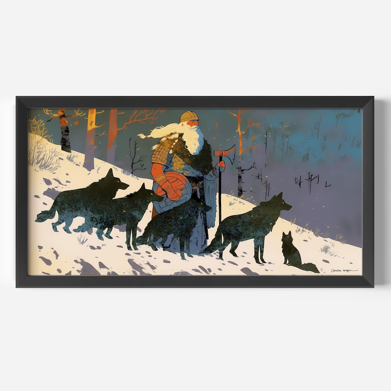 Viking & Wolf Pack in Snowy Forest • Norse Fantasy Canvas or Poster ...