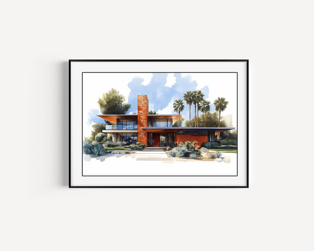 Modern Mid-century Architectural Watercolor Print | Contemporary Home ...