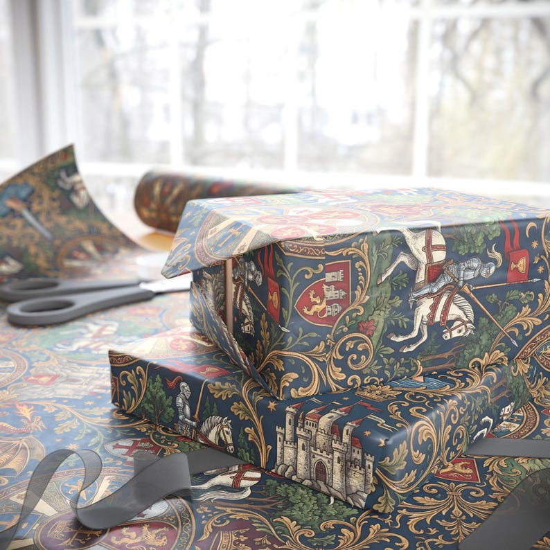 Camelot Wrapping Paper | Medieval Knights & Dragon Gift Wrap | Round ...