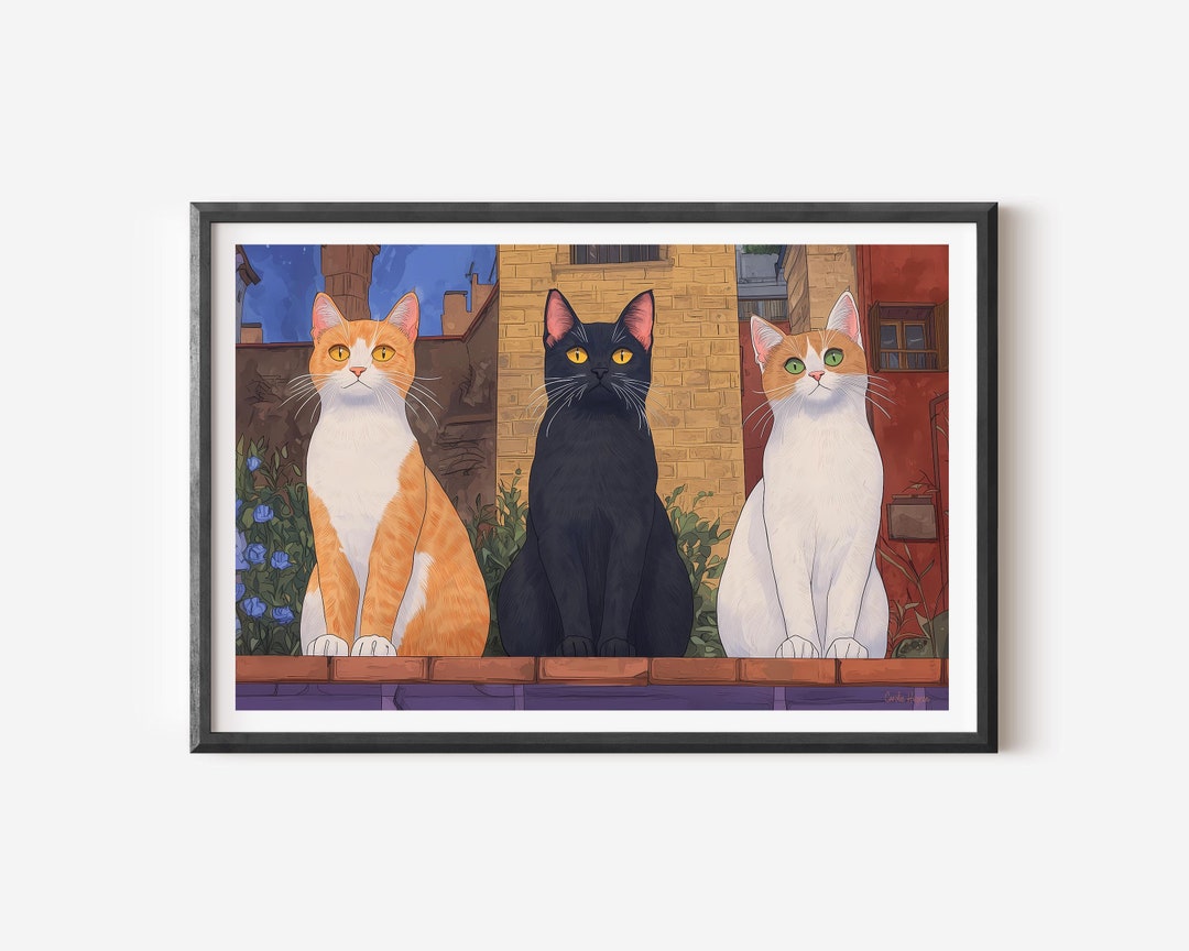 Three Cats Poster, Cat Art Print Cute Funny Cat Art Poster Eclectic Cat ...