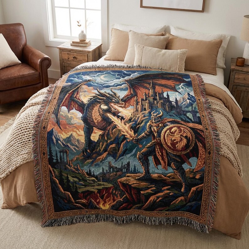 Dark Fantasy Dragon Knight Woven Blanket: Medieval Castle Tapestry ...