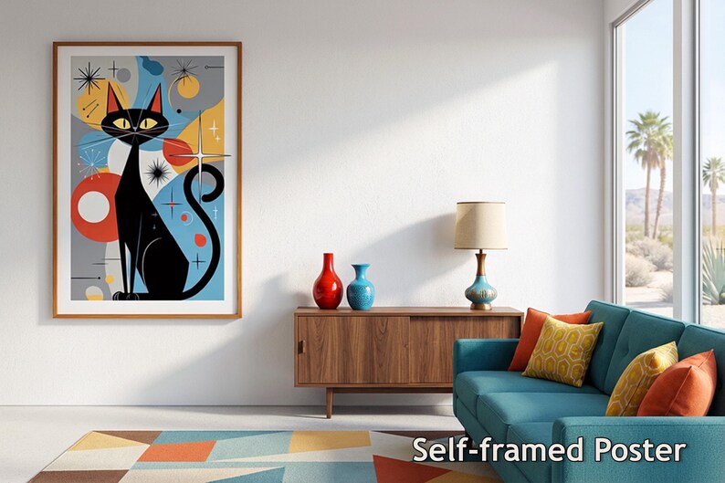 Mid Century Modern Atomic Cat Poster Retro Black Feline Wall Art 2x3 ...