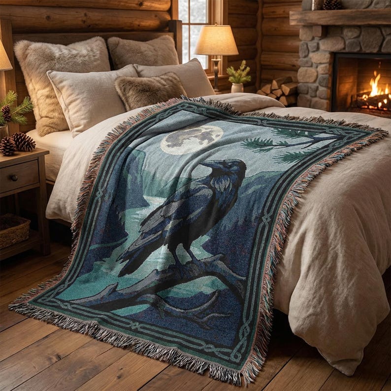 Woven Raven Moon Blanket | Dark Gothic Woodland Tapestry Throw - Etsy