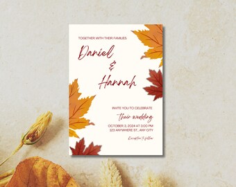 Rustic Autumn Fall Wedding Invitation, Maple Leaves Autumn Wedding Invite - DIY Fall Wedding ...
