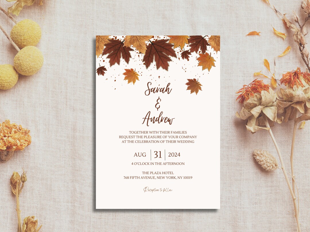 Rustic Autumn Fall Wedding Invitation Template, Maple Leaves Fall ...