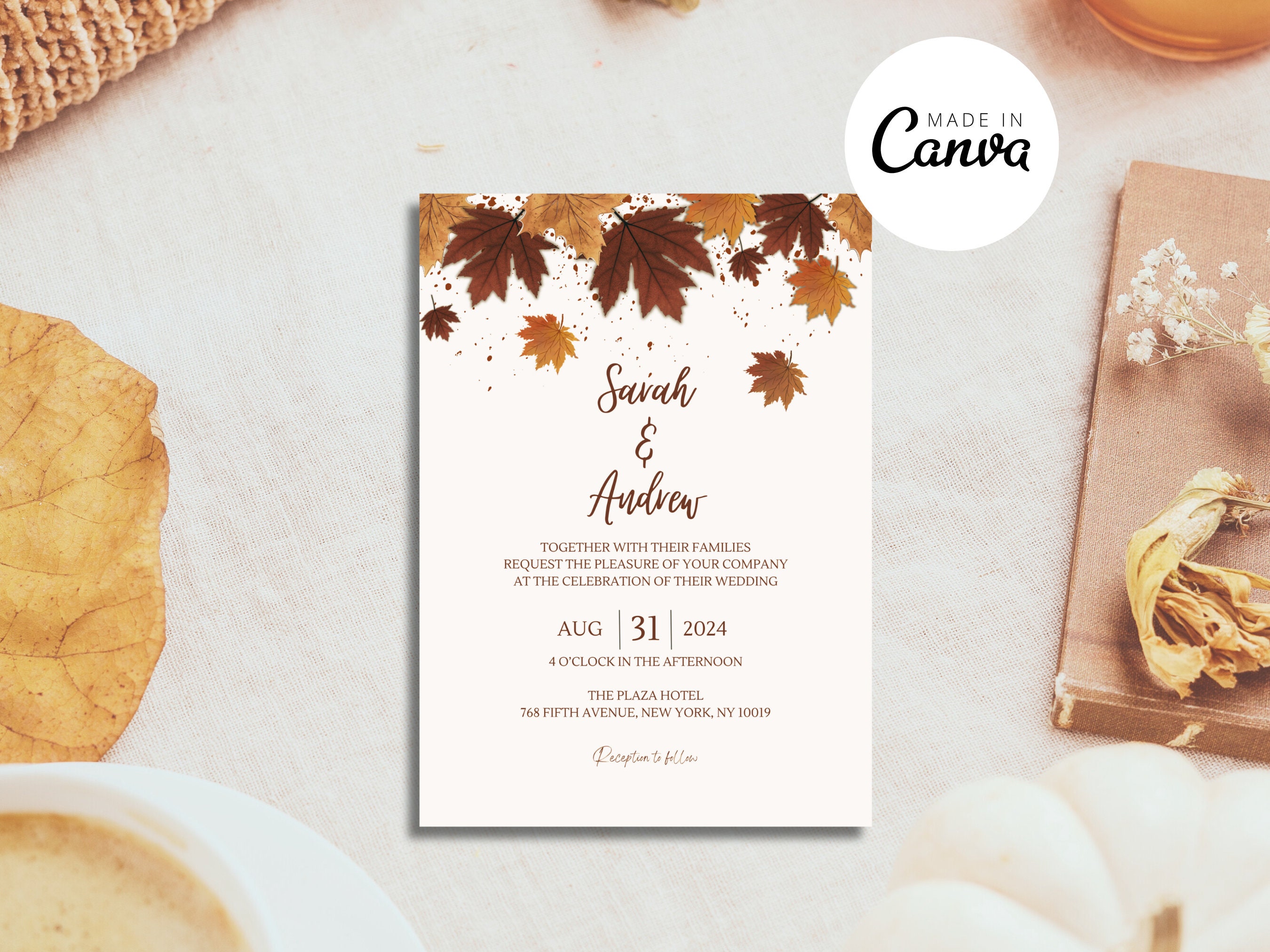 Rustic Autumn Fall Wedding Invitation Template, Maple Leaves Fall ...