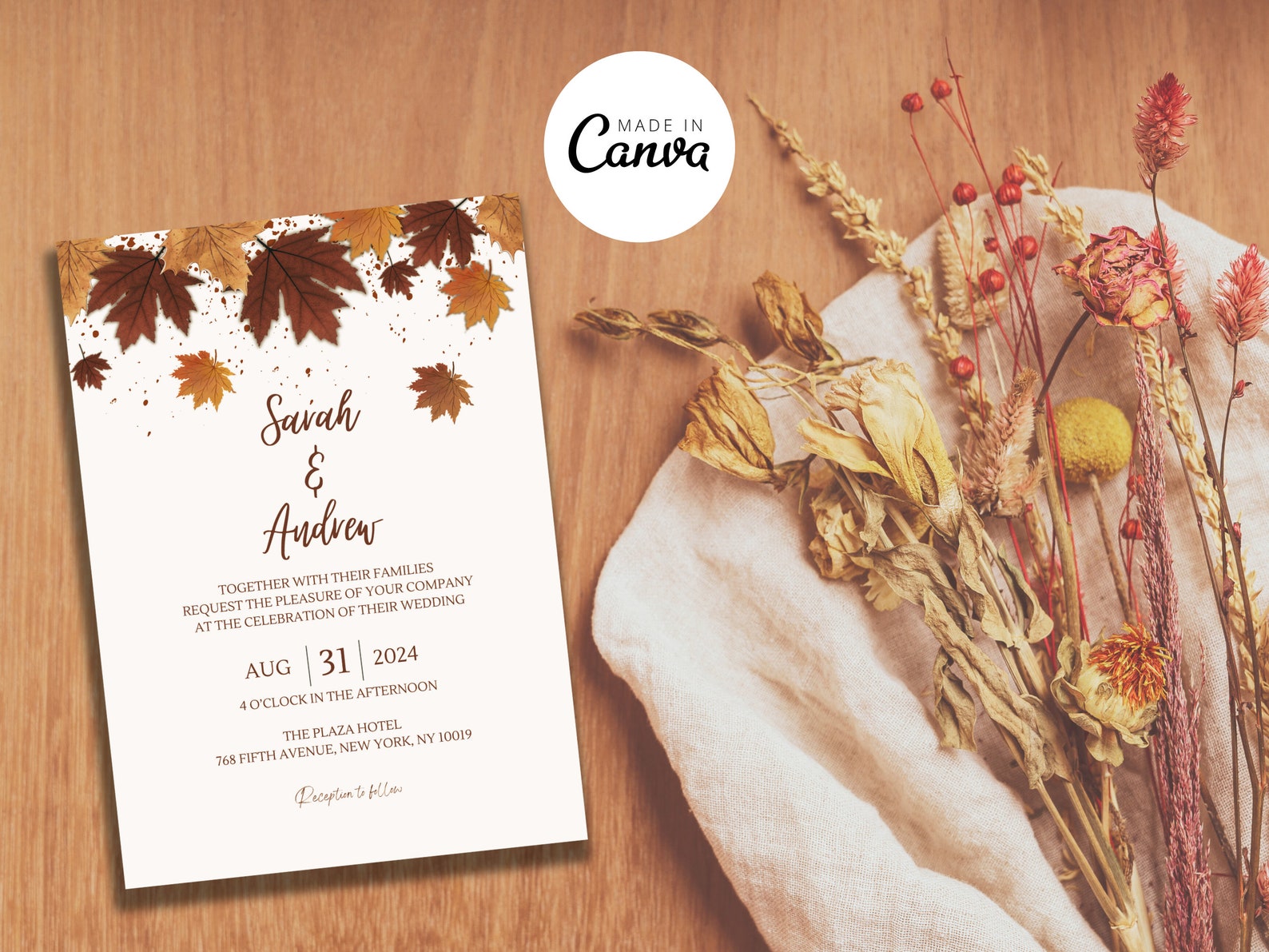 Rustic Autumn Fall Wedding Invitation Template, Maple Leaves Fall ...