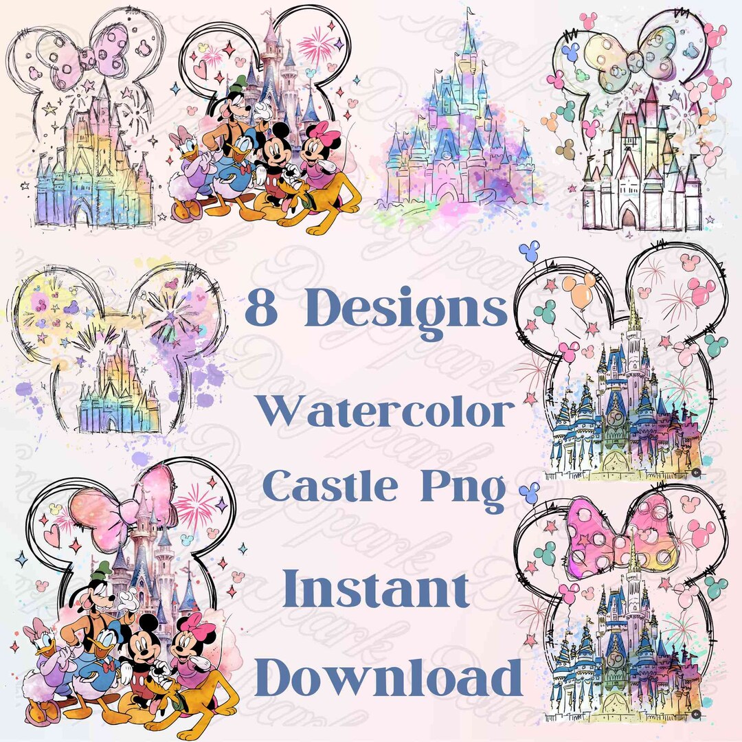 Watercolor Castle Png, Mouse Ear Castle Png, Bundle Retro Colorful ...