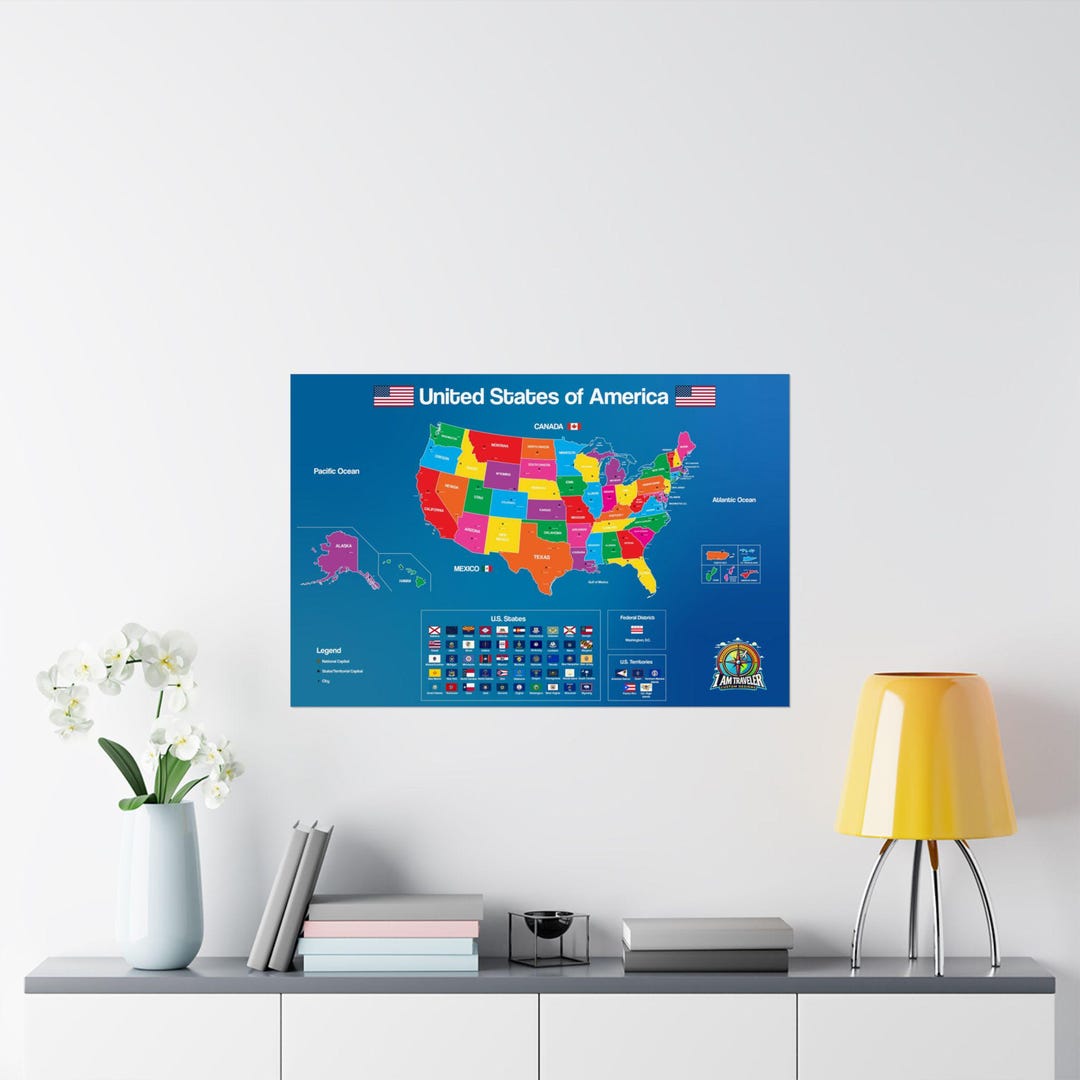 USA Map Poster – Colorful Travel Map, Wall Art for Living Room ...
