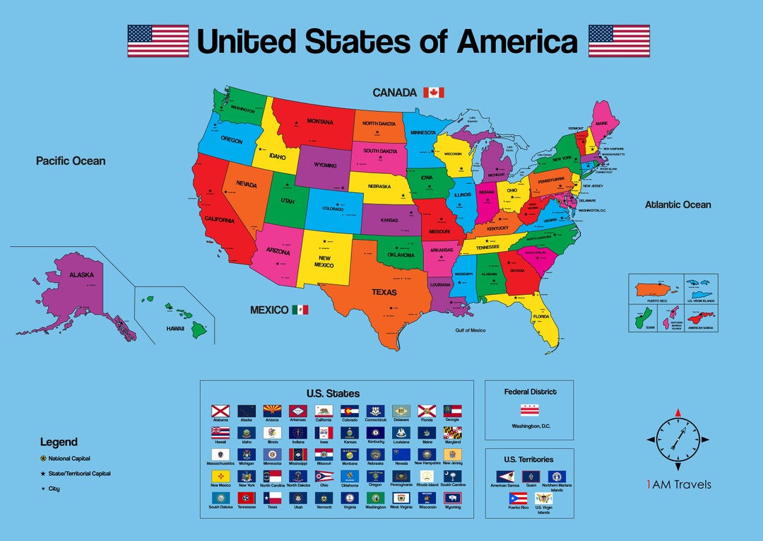 Vibrant USA & Territories Color Map Poster With All State Flags ...