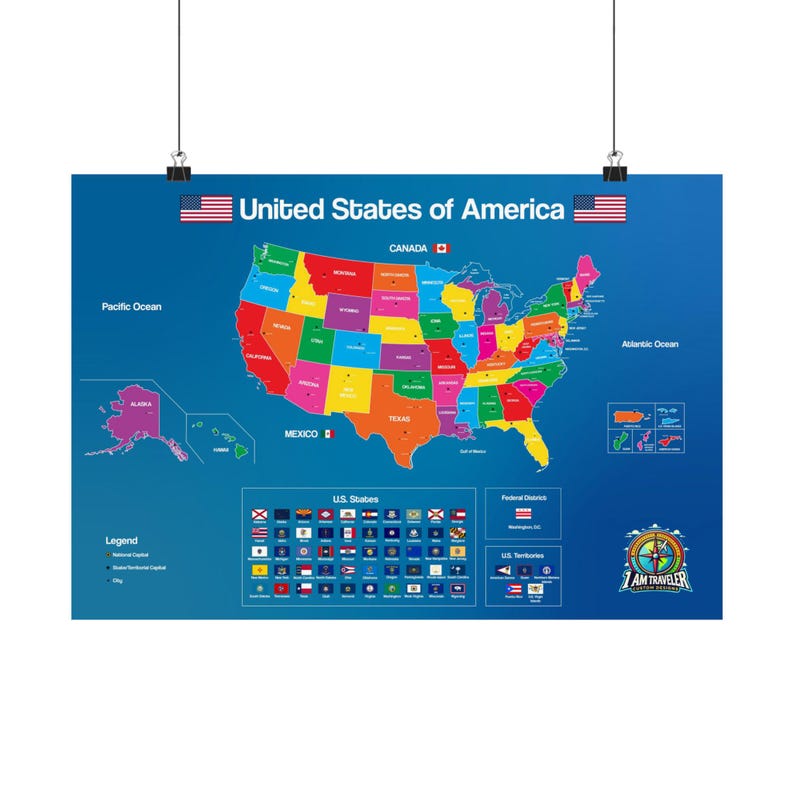 USA Map Poster – Colorful Travel Map, Wall Art for Living Room ...