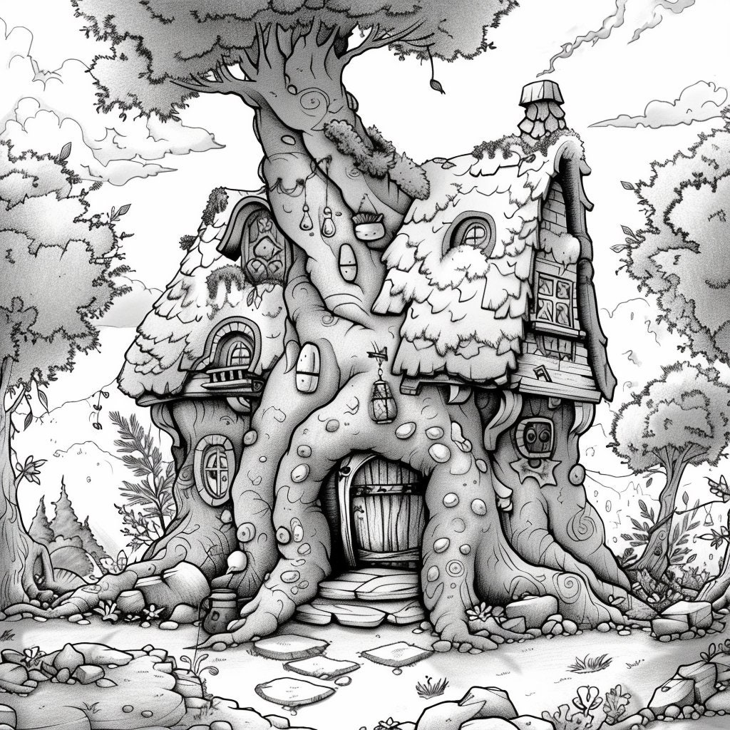 35 Printable Coloring Pages Fantasy Houses Trees, Coloring Pages for ...