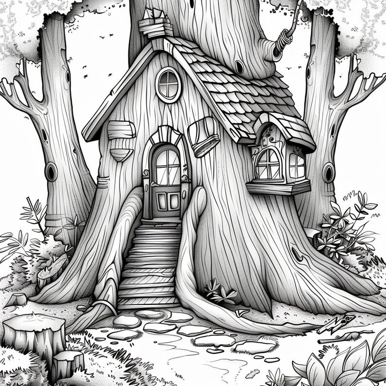 35 Printable Coloring Pages Fantasy Houses Trees, Coloring Pages for ...