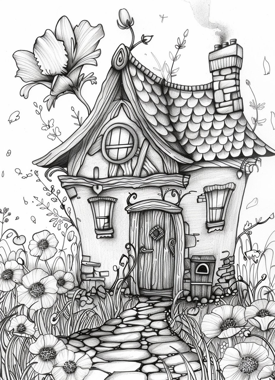 35 Printable Coloring Pages Fantasy Houses Flowers, Coloring Pages for ...