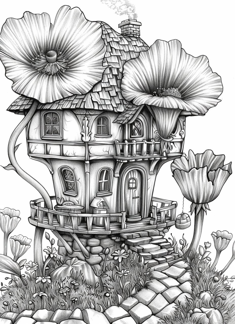 35 Printable Coloring Pages Fantasy Houses Flowers, Coloring Pages for ...