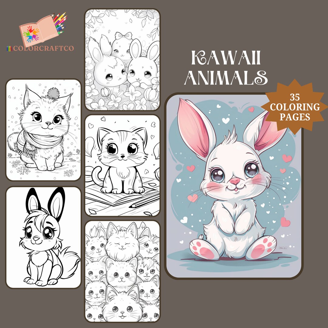35 Kawaii Animals Coloring Pages, Adults Instant Download Grayscale ...