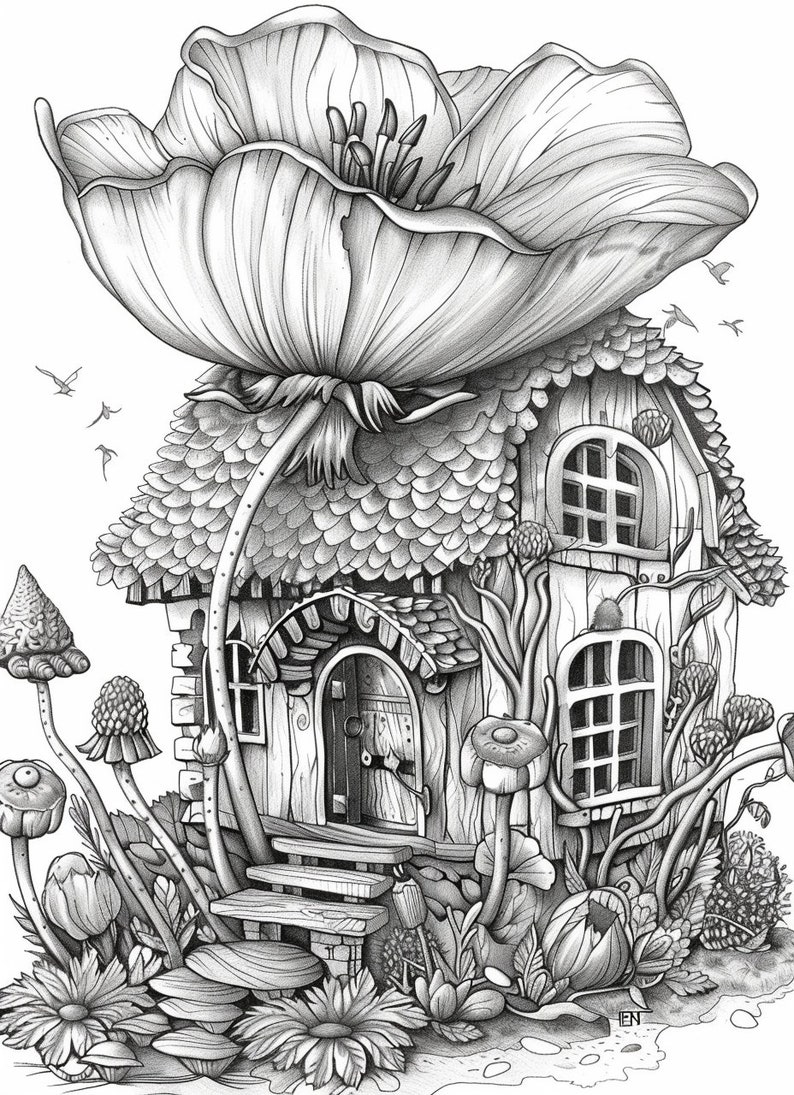 35 Printable Coloring Pages Fantasy Houses Flowers, Coloring Pages for ...