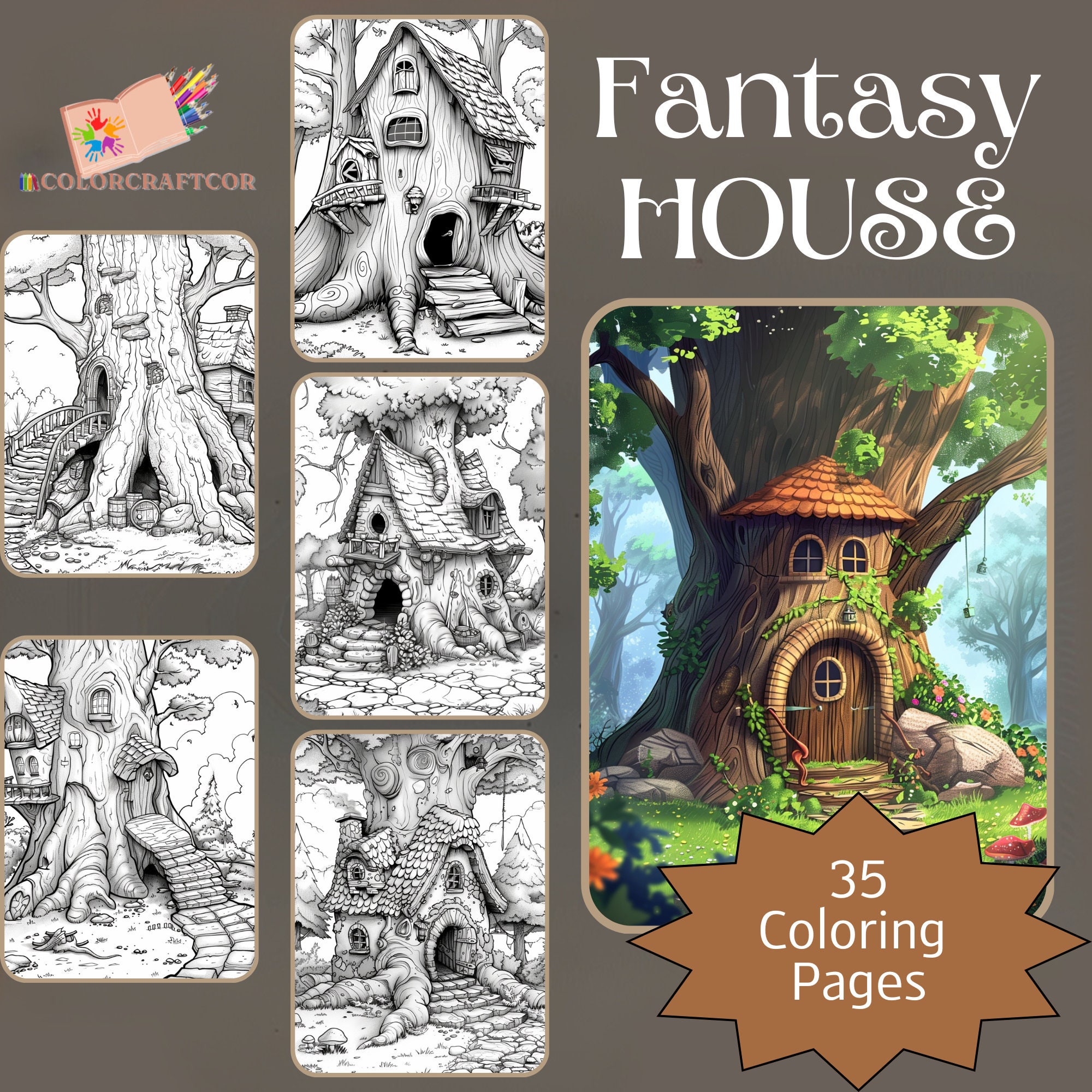 35 Printable Coloring Pages Fantasy Houses Trees, Coloring Pages for ...