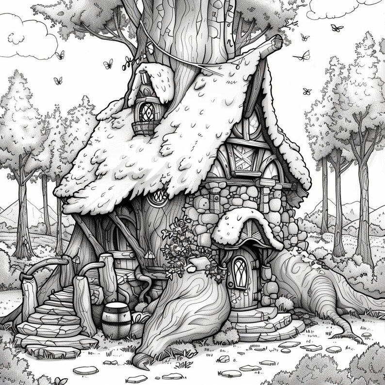 35 Printable Coloring Pages Fantasy Houses Trees, Coloring Pages for ...