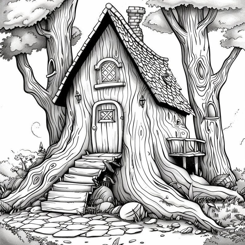35 Printable Coloring Pages Fantasy Houses Trees, Coloring Pages for ...