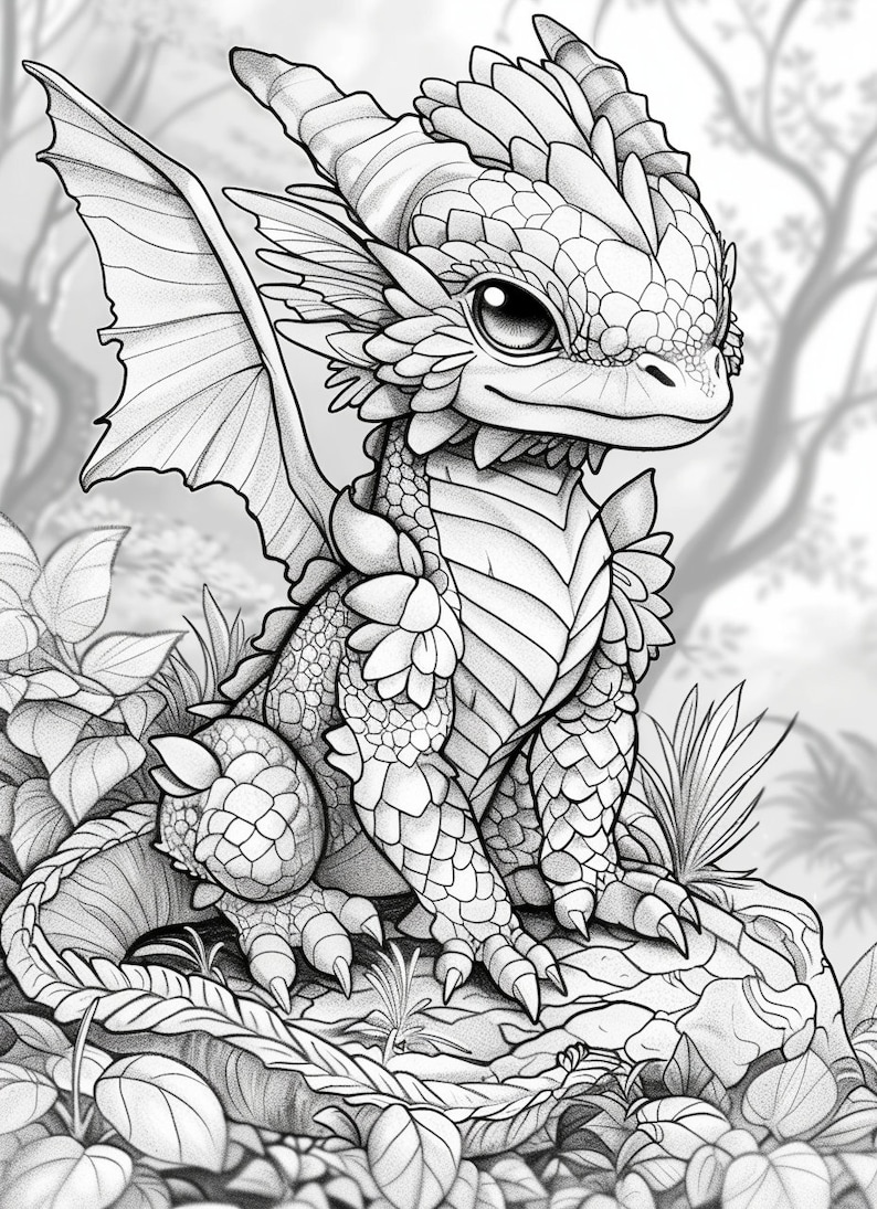 35 Cute Baby Dragons Coloring Pages, Adults Coloring Pages, Greyscale ...