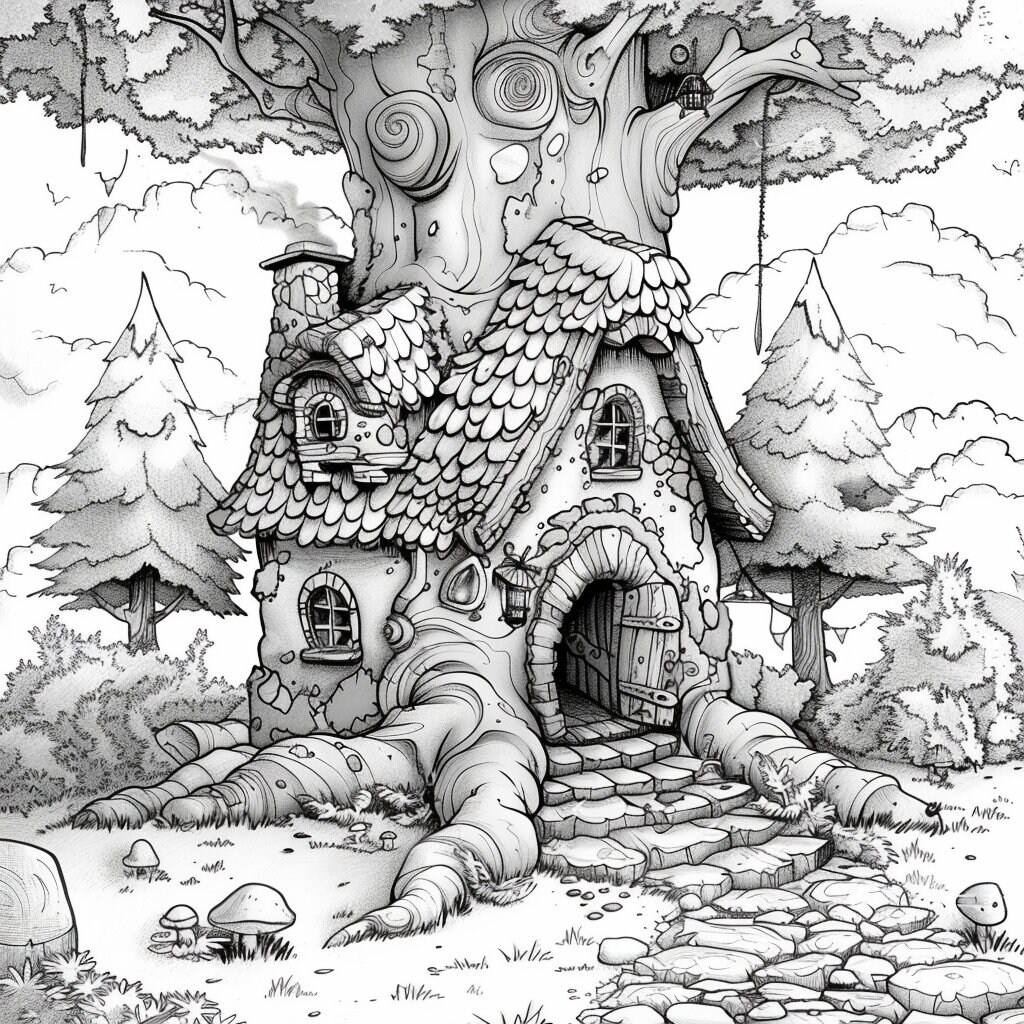 35 Printable Coloring Pages Fantasy Houses Trees, Coloring Pages for ...