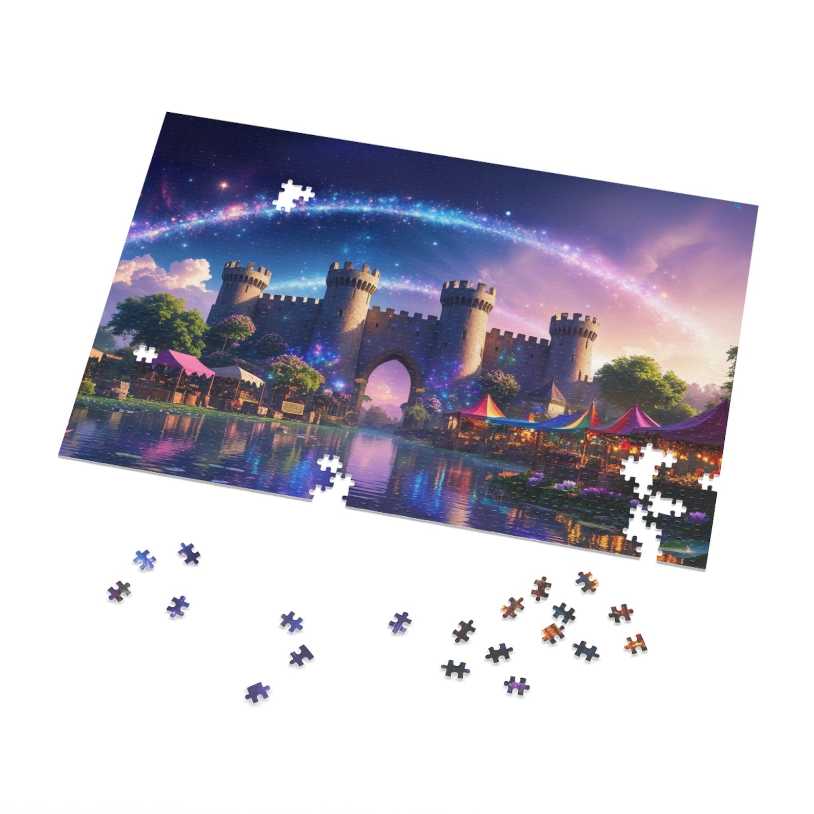 Jigsaw Puzzle: Medieval Castle by Tranquil Lake, Festive Scene, Puzzle ...