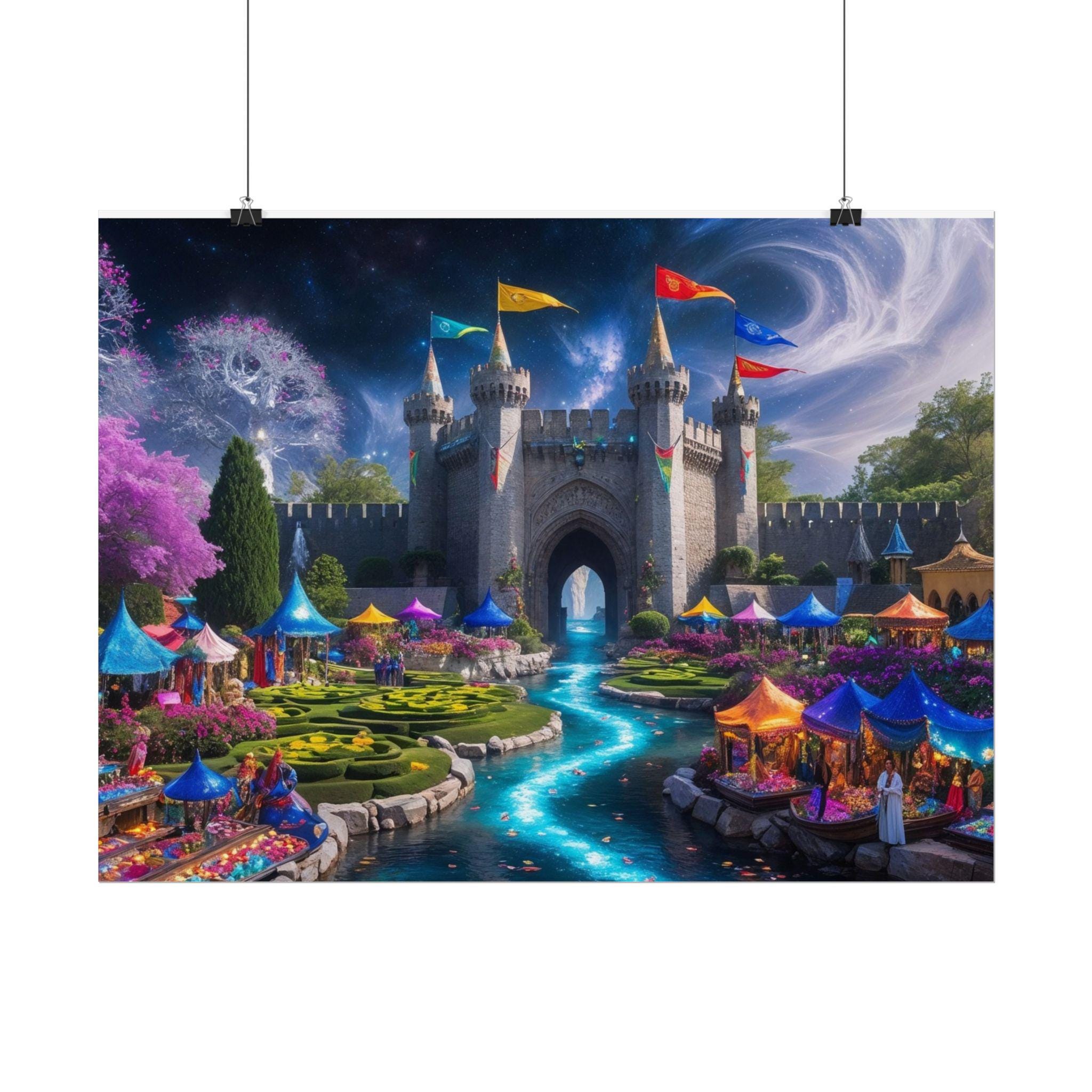 Rolled Posters, Medieval Castle Flags Market Scene, Wall Art Print ...