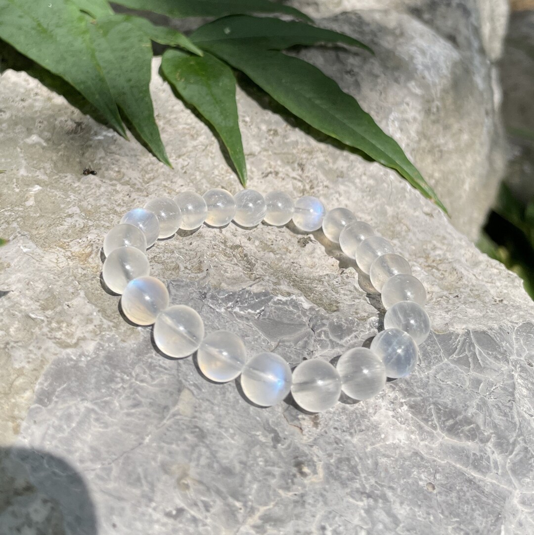Natural Blue Moonstone Round Bead Bracelet | White Blue Sheen Moonstone ...
