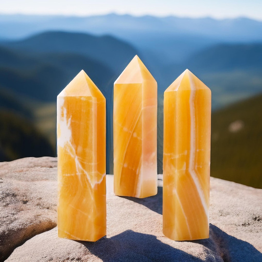 Natural Yellow Jade Obelisk Crystal Quartz Four Sides Tower Home Decor ...