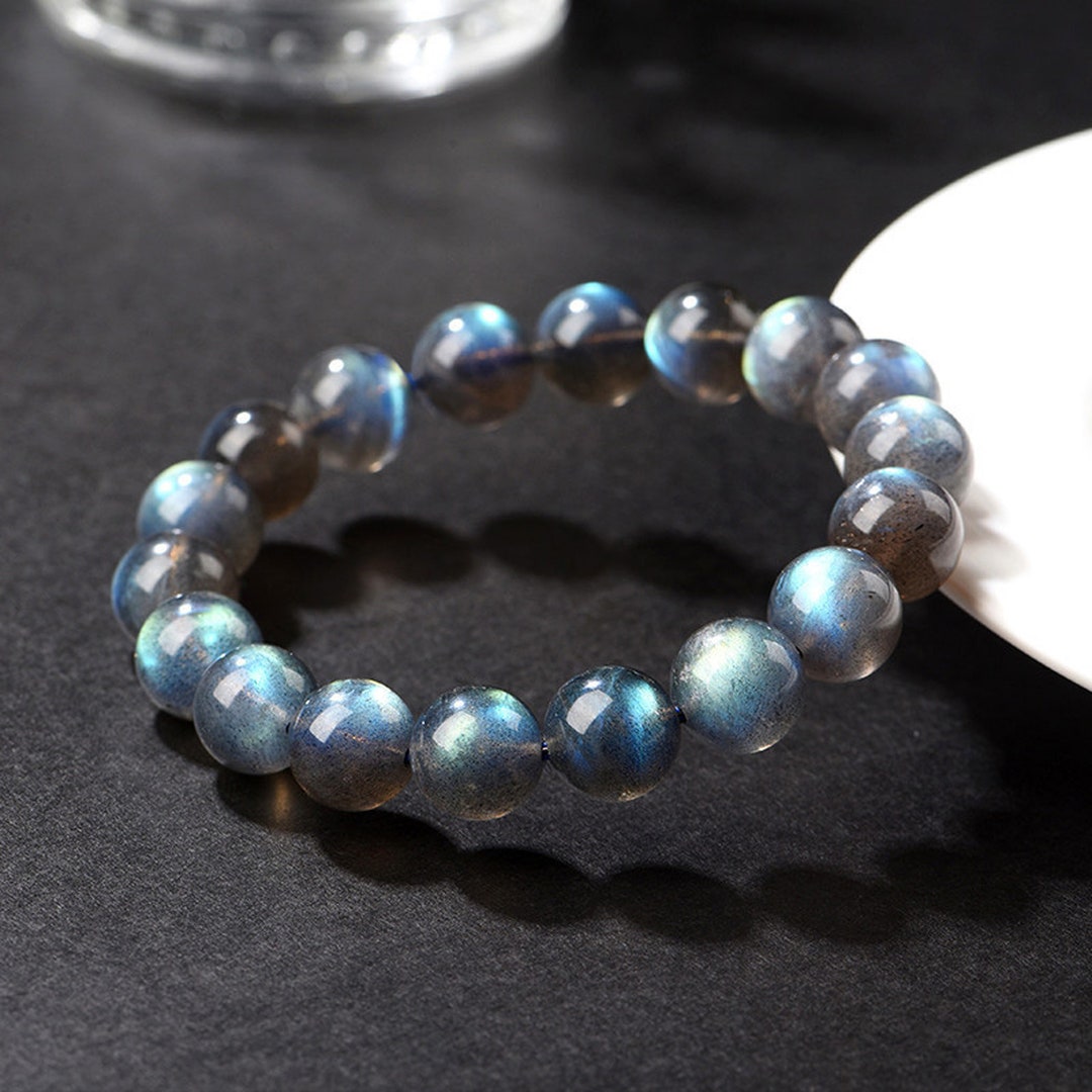 Natural Black Rainbow Moonstone Round Bead Bracelet Full Spectrum Gray ...