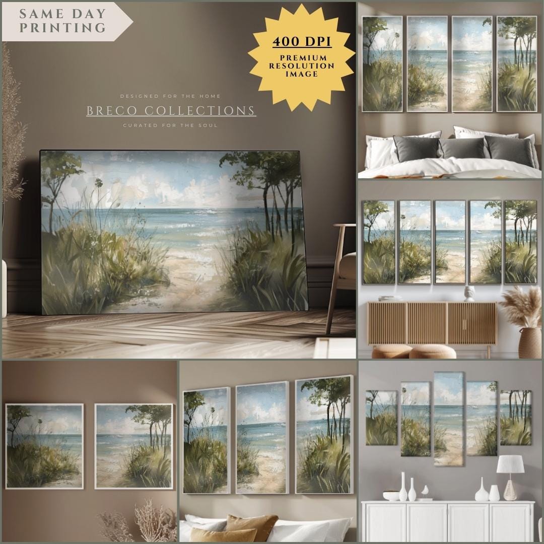 Grassy Seaside Beach, Multi-canvas Printed Gallery Wall Art, Dark ...