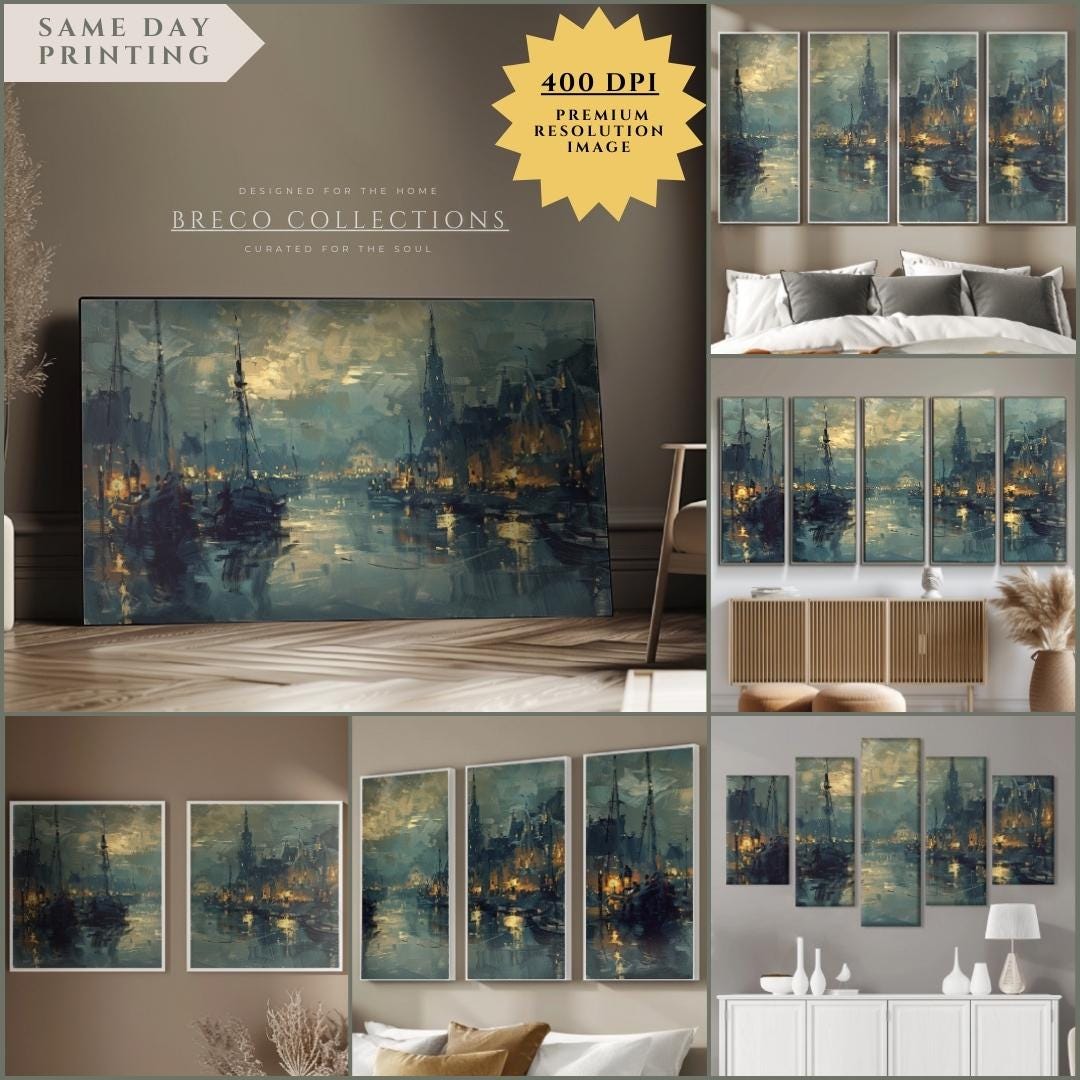 Sage Blue Nighttime City Docks, Multi-canvas Printed Gallery Wall Art ...