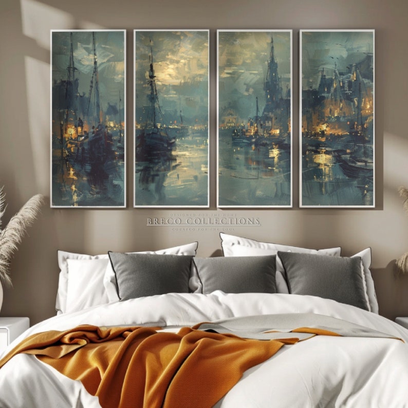 Sage Blue Nighttime City Docks Landscape Print, Downloadable Gallery ...