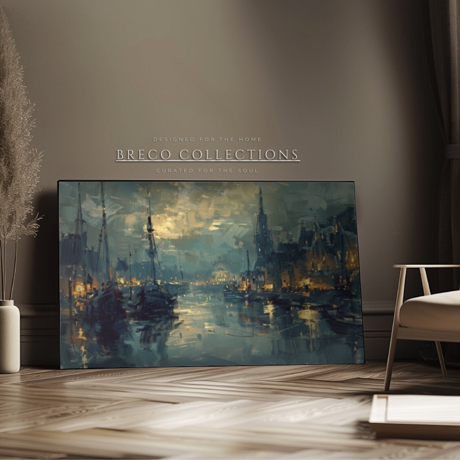 Sage Blue Nighttime City Docks Landscape Print, Downloadable Gallery ...
