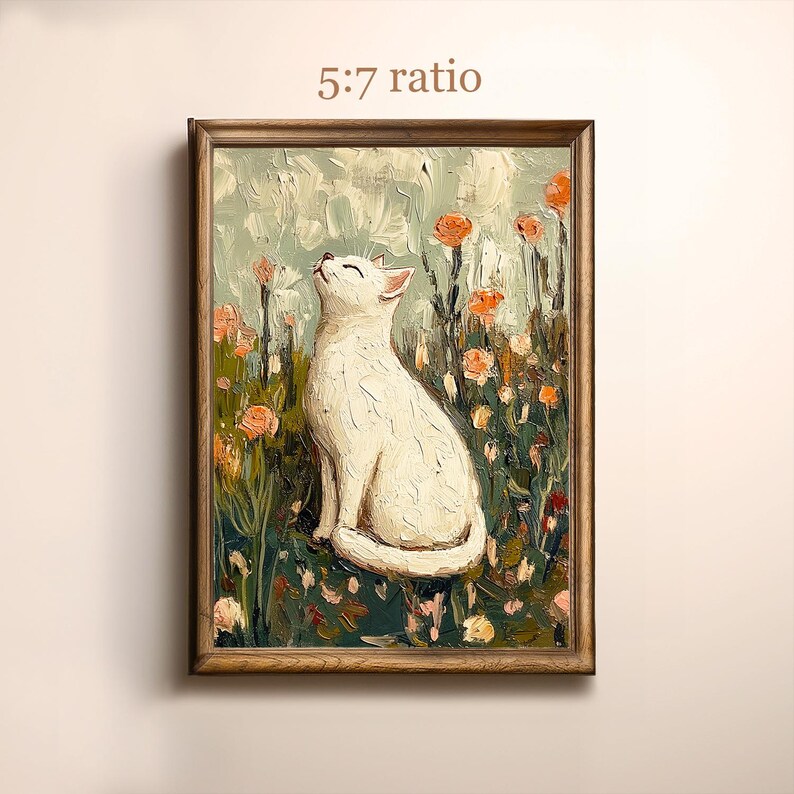 White Cat Smelling the Flowers | Printable Cat Wall Art | Dreamlike Oil ...
