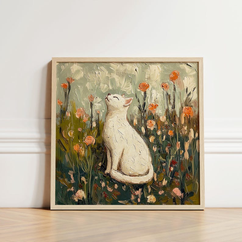 White Cat Smelling the Flowers | Printable Cat Wall Art | Dreamlike Oil ...