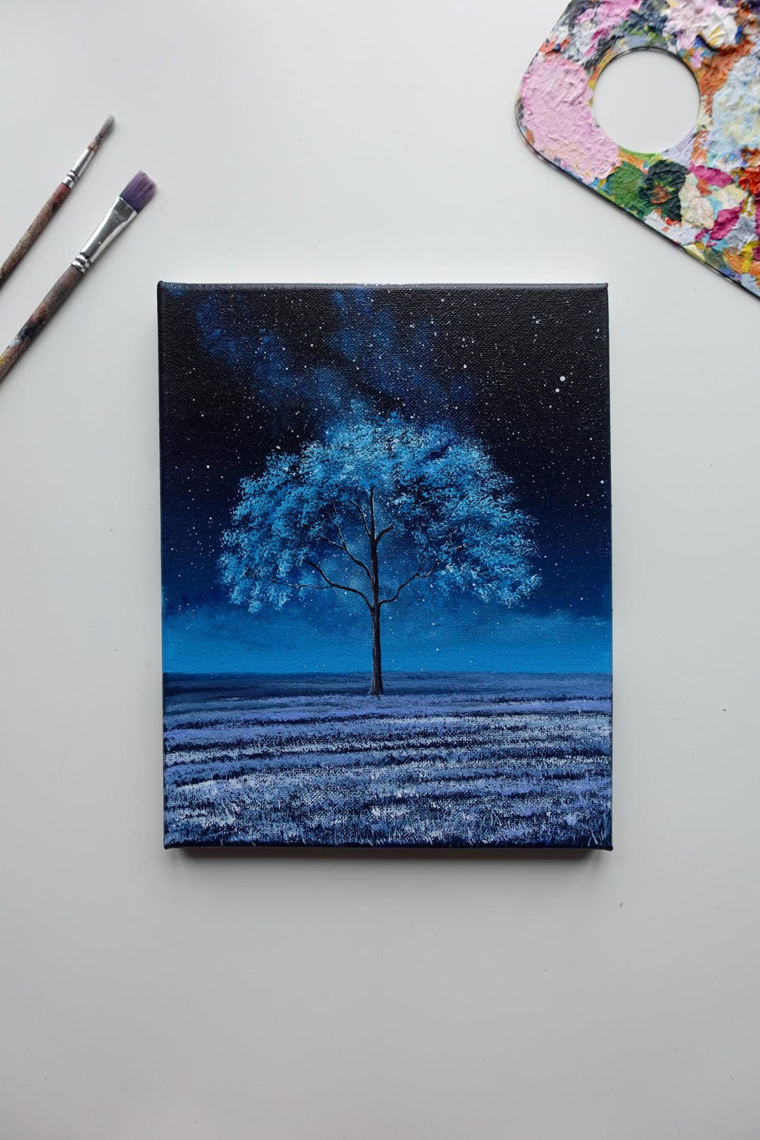 Original Starry Night Tree Painting: 8x10 Acrylic Landscape Art - Etsy