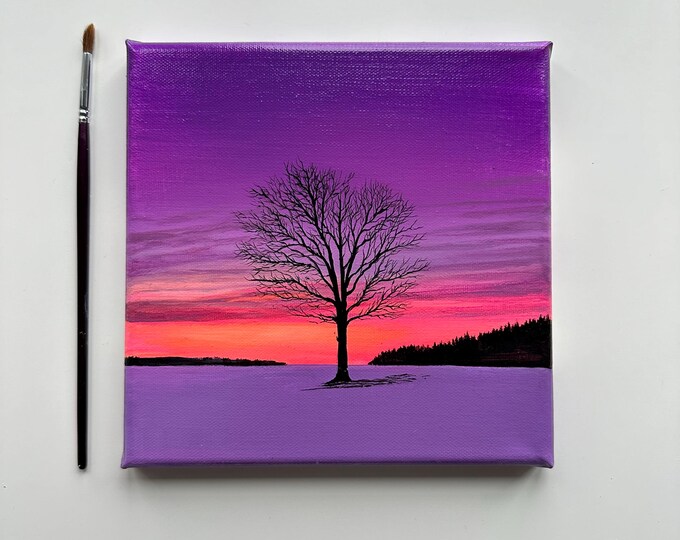 Purple Twilight Tree - Original Acrylic Painting, Vibrant Sunset Art ...