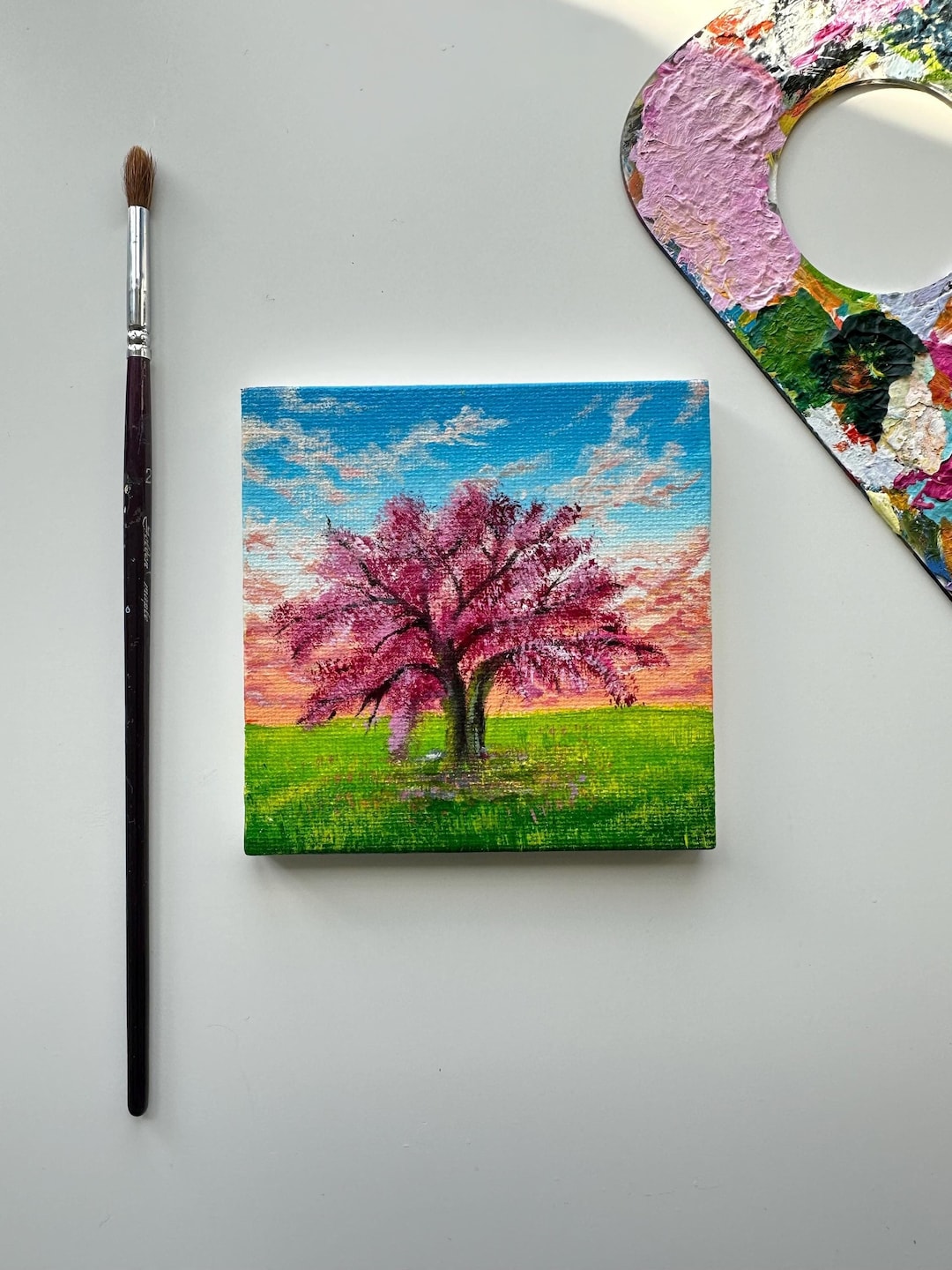 Miniature Pink Tree Painting: Original Acrylic Art on Canvas (4x4) - Etsy