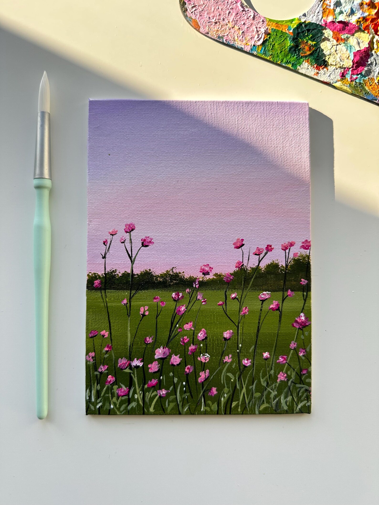 Original Pink Flowers Landscape Painting: 5x7 Canvas Board Art - Etsy