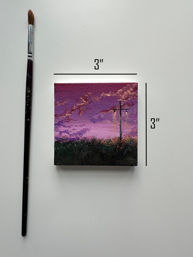 Dusk Sky With Street Lamp-original Acrylic Painting on 3x3 Canvas, Pink ...