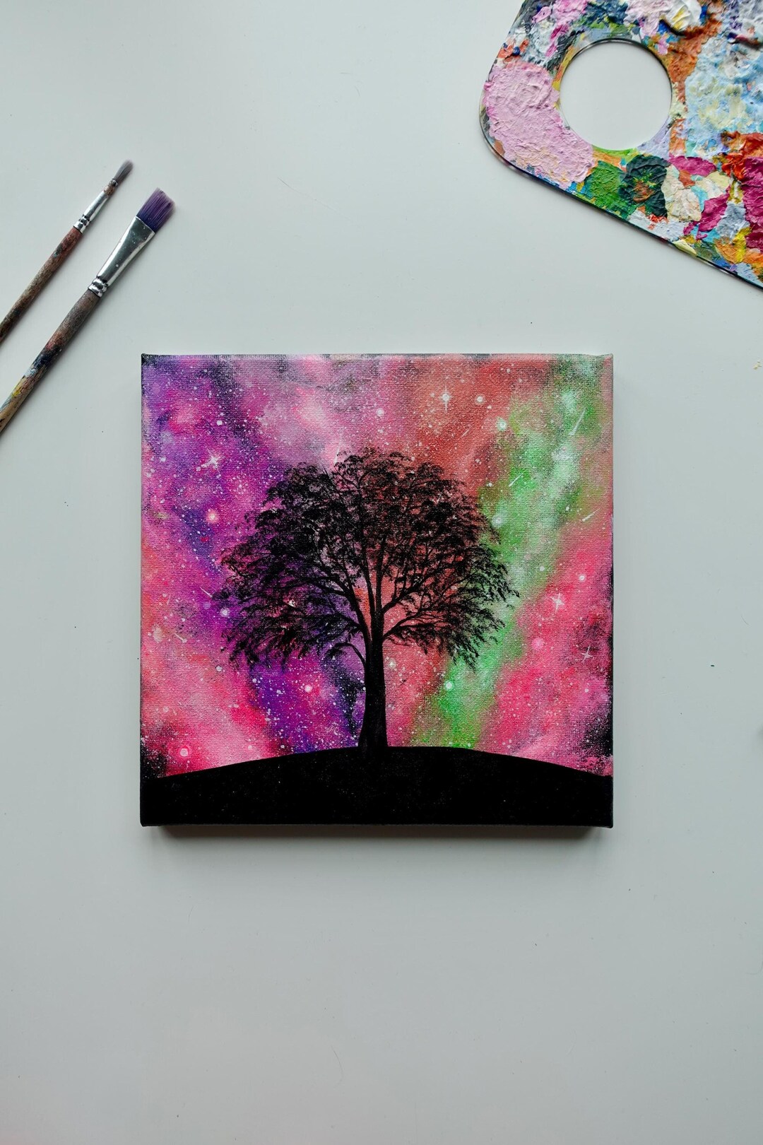Cosmic Tree - 8x8 Original Hand-painted Canvas | Galaxy Night Sky Wall ...