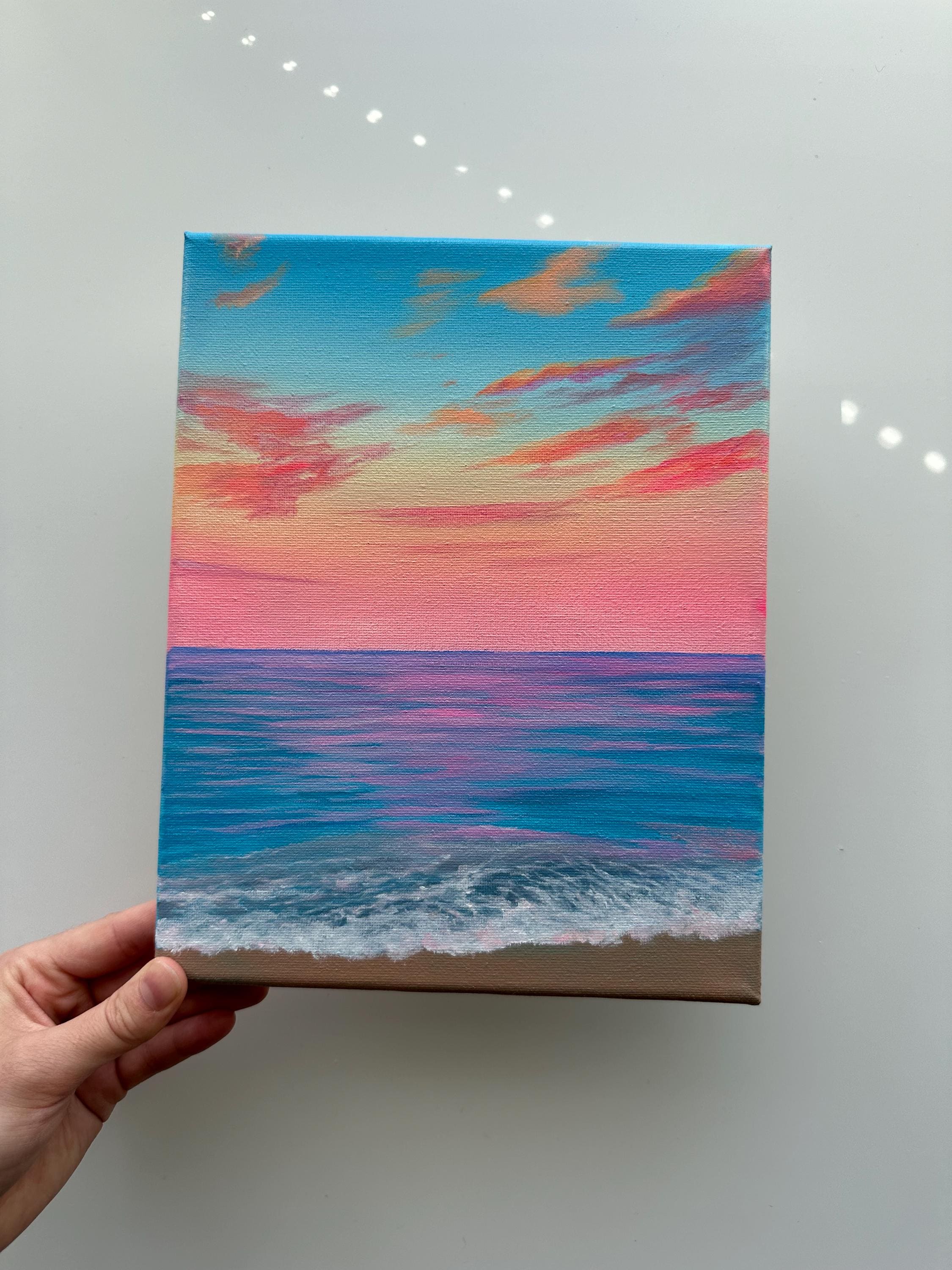 Soft Pastel Beach Sunset Sky – Original Acrylic Painting, 8×10 Inch on ...