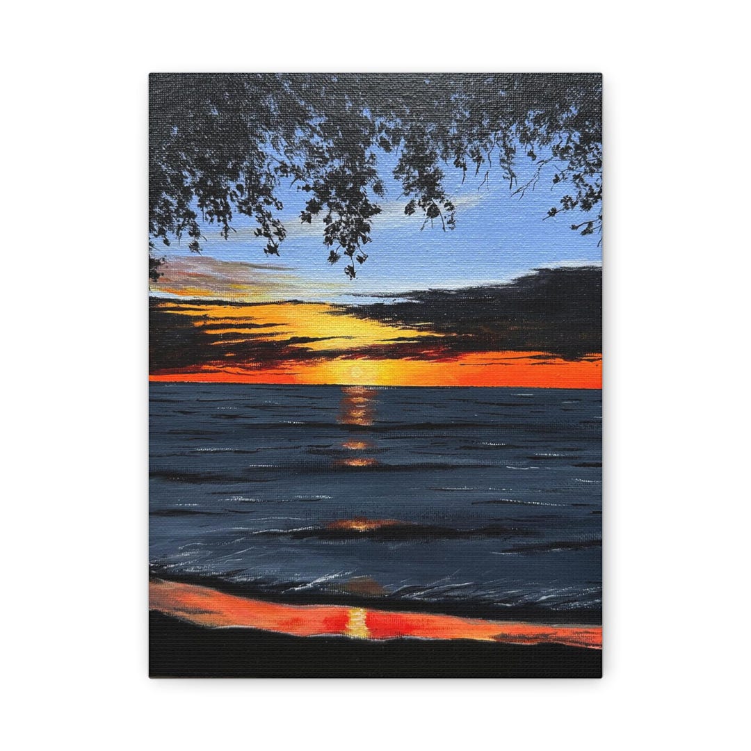 Sunset Reflection Over Sea Art Print | Calm Sea, Evening Sky, Tree ...