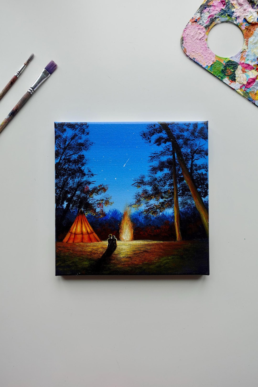 Cozy Campfire Night - 8x8 Original Hand-painted Canvas | Romantic ...