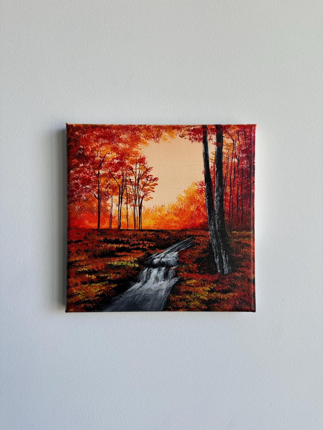 Original Fall Forest Acrylic Painting: Flowing River Landscape, 8x8 - Etsy