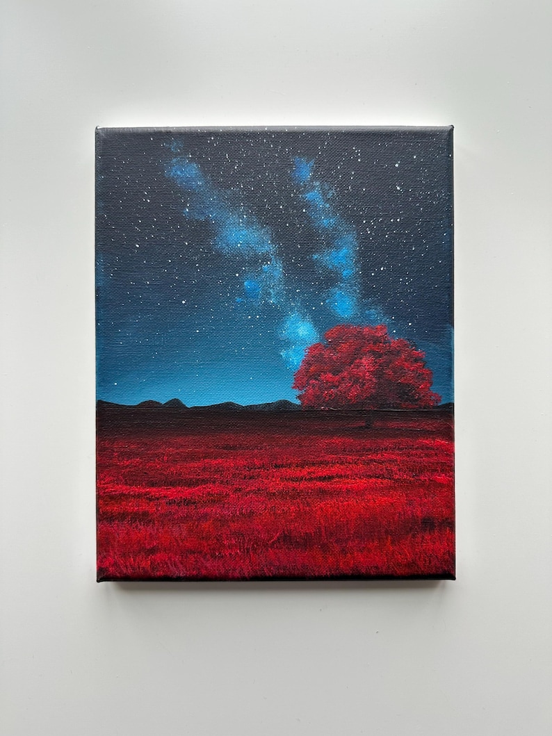 Red Tree Under the Stars – 8x10 Night Sky Painting, Galaxy Landscape ...